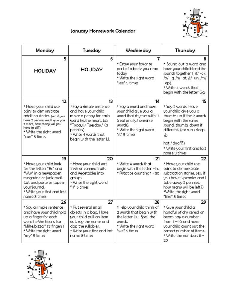 January Homework Calendar | PDF
