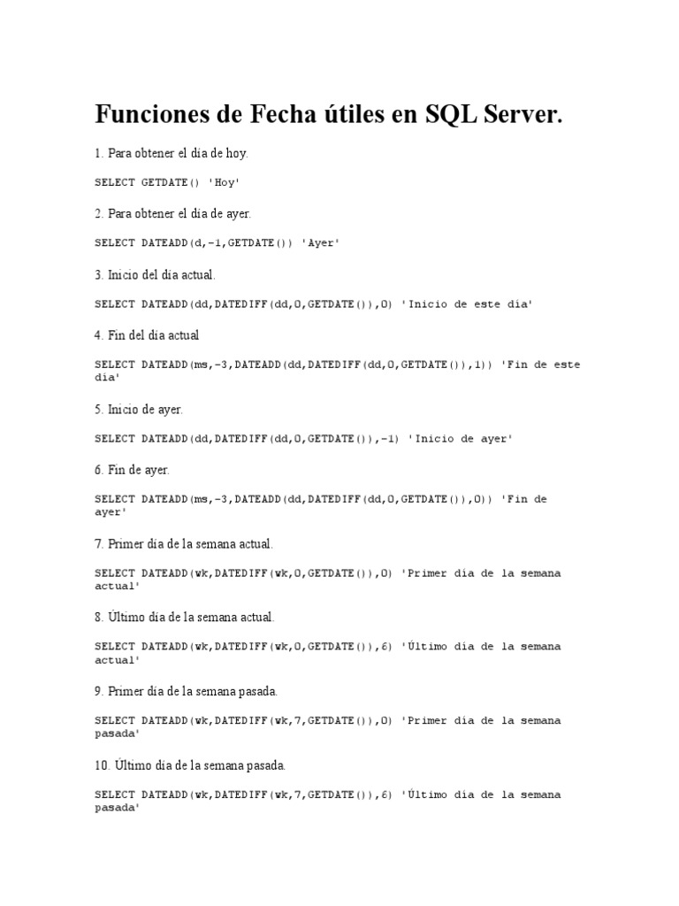 Fechas Utiles en SQL Server | PDF
