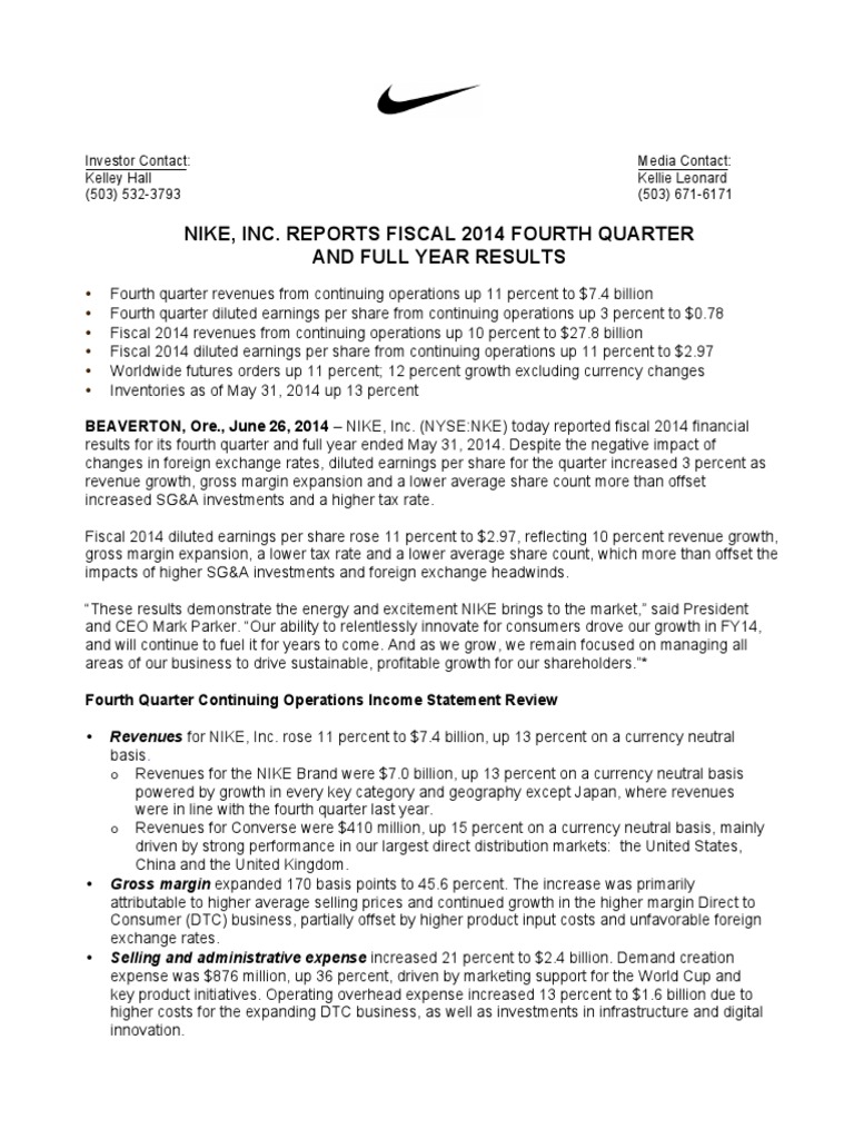 Nike Inc q414 Press Release - 6-25-2014 6pm - Clean[1] (1) | Euro | Revenue