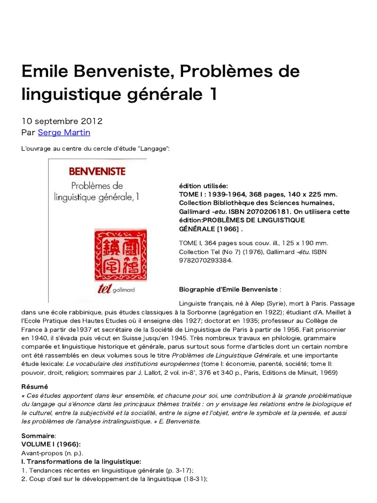 Emile Benveniste, Problèmes de Linguistique Générale 1 - Art, Langage ...