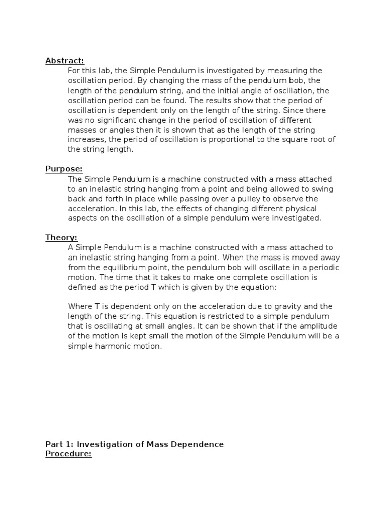 Simple Pendulum Lab Report Pdf Pendulum Physics