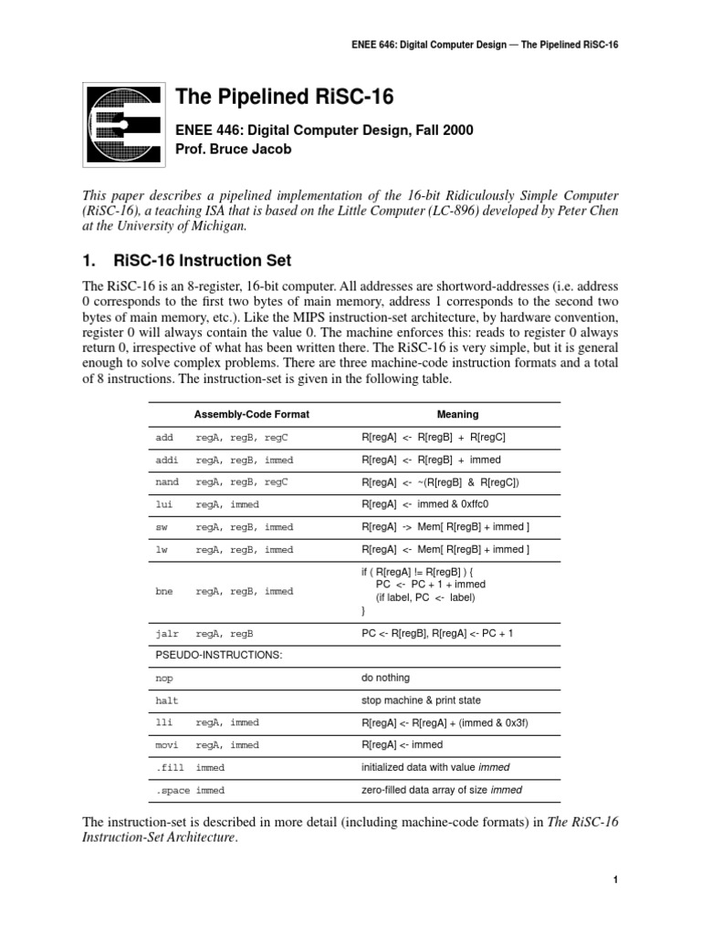 The Pipelined RiSC-16 Computer | PDF | Instruction Set | Cpu Cache