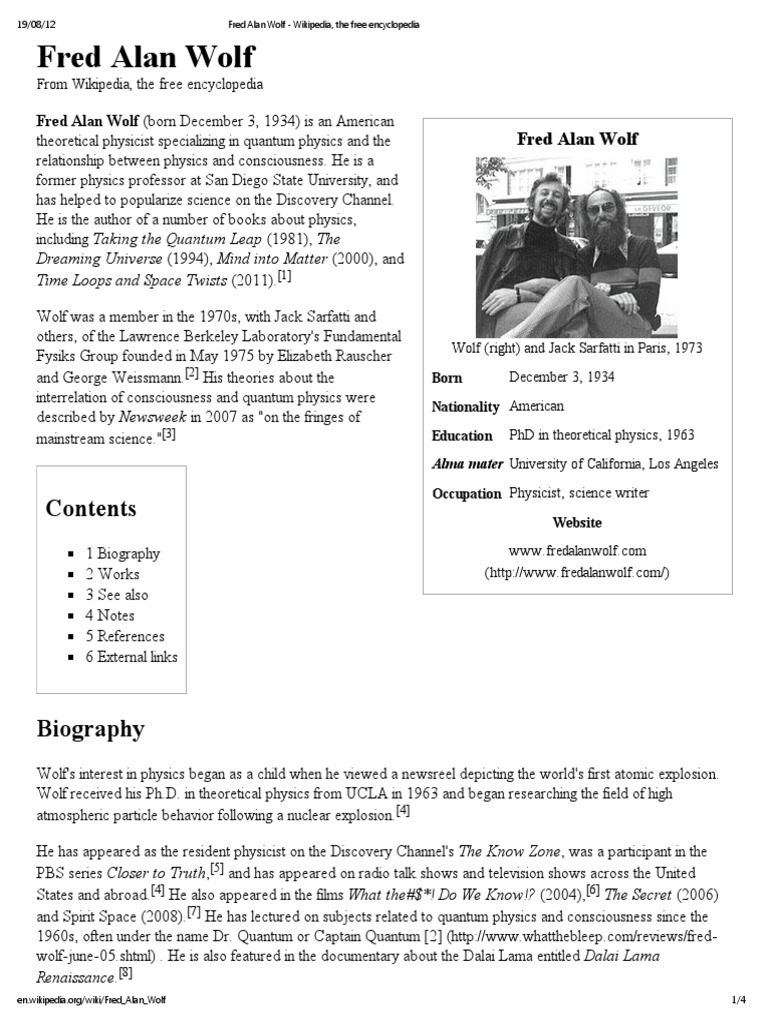 Fred Alan Wolf - Biography | PDF | Physics | Science