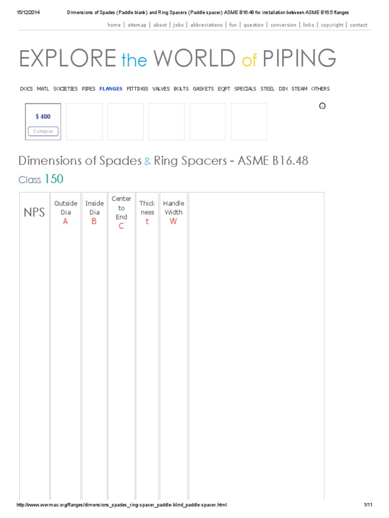 Dimensions of Spades and Ring Spacers ASME B16.48 | PDF | Mechanical ...
