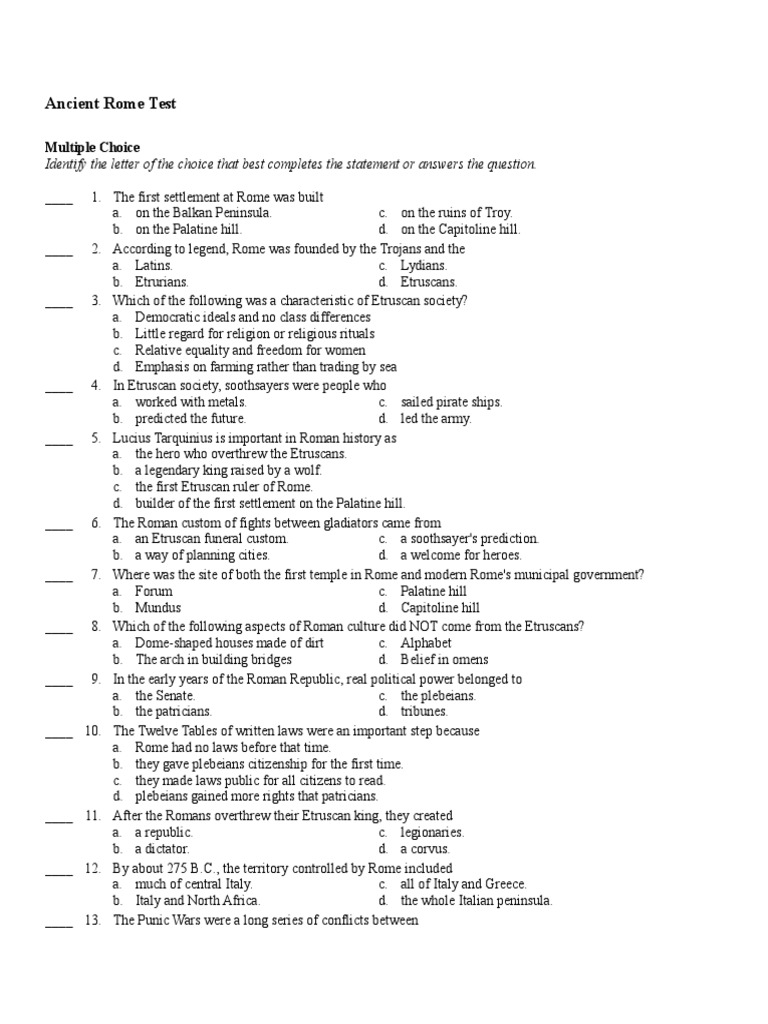 Ancient Rome Test Questions and Answers | PDF | Ancient Rome | Roman Empire