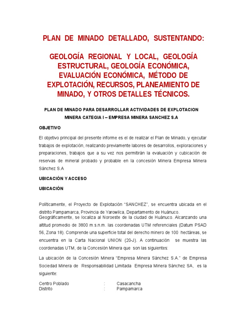 Plan de Minado Detallado Minera | Descargar gratis PDF | Perforar | Minería