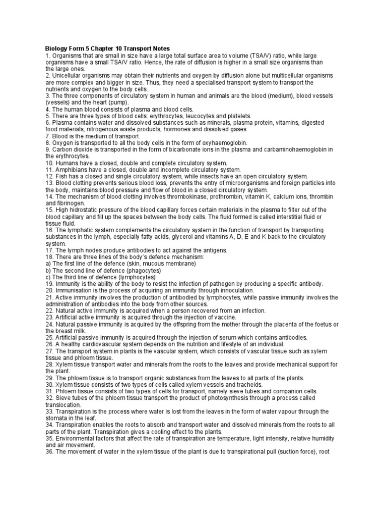 Biology Form 5 Chapter 1 Transport Notes | PDF