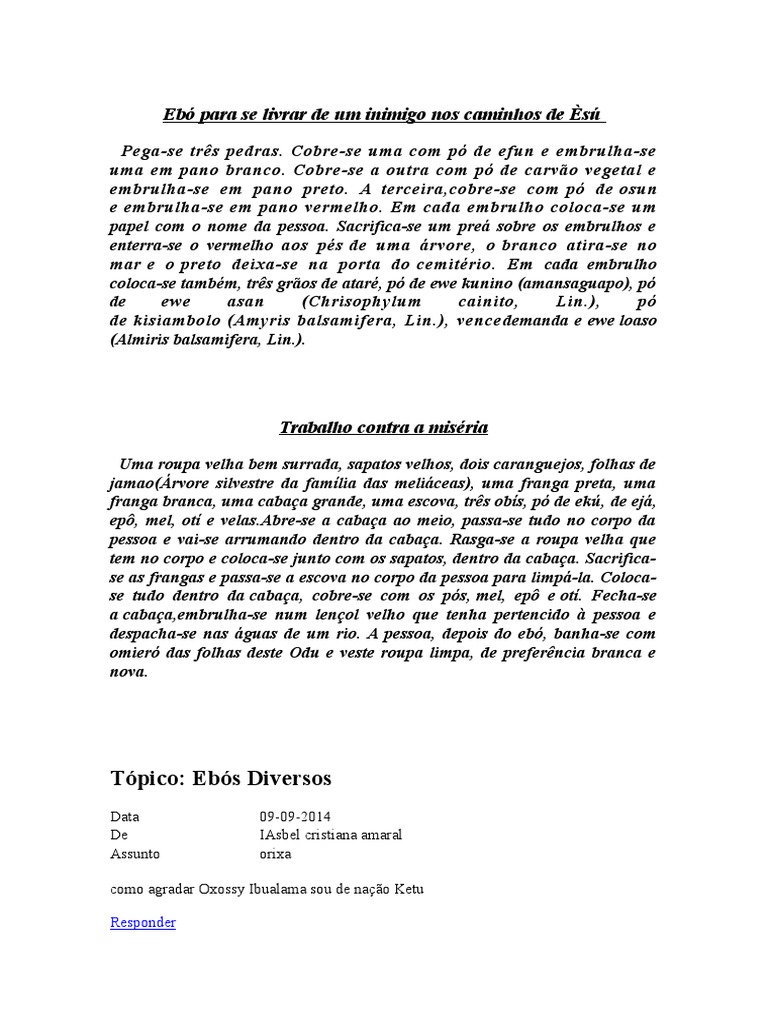 Ebó para Afastar Inimigos e Miséria | PDF | Religião e crença