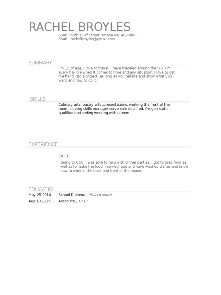Rachel Broyles: Culinary Skills & Experience | PDF | Cooking, Food ...