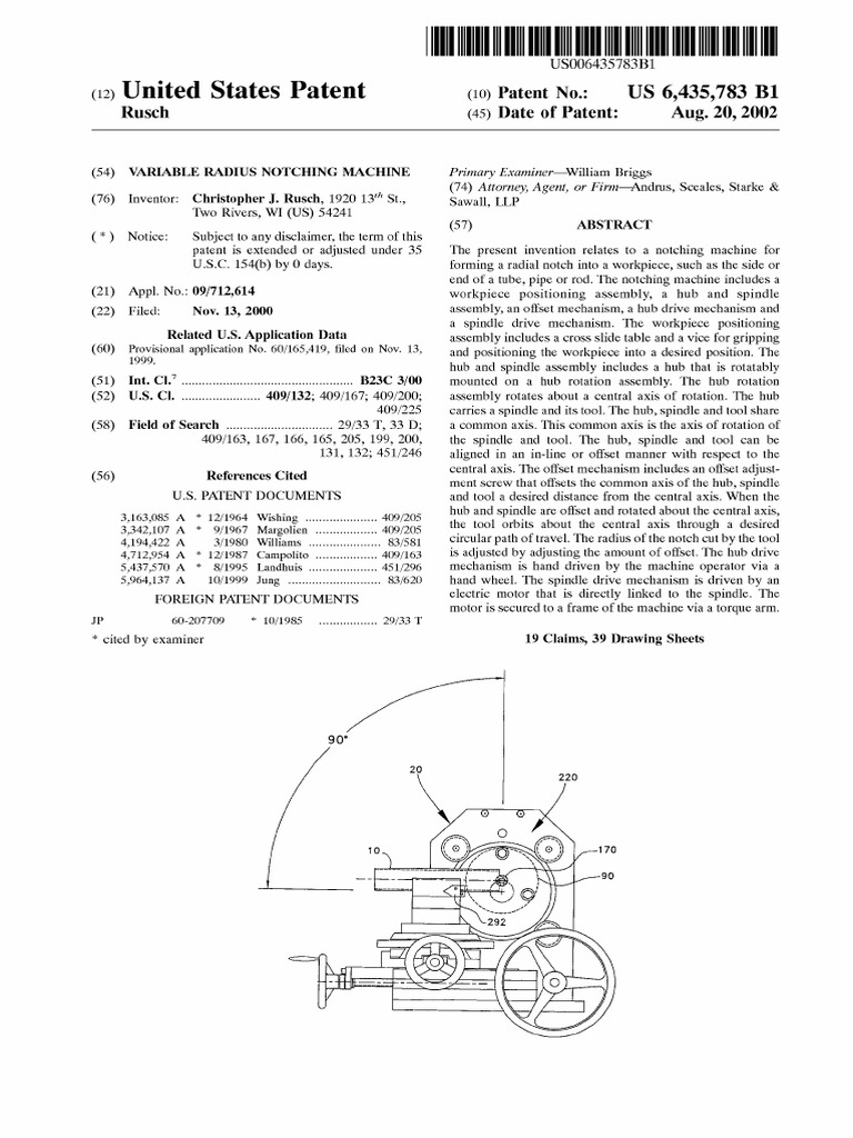 US6435783 - Variable Radius Notching Machine | PDF | Rotation Around A ...