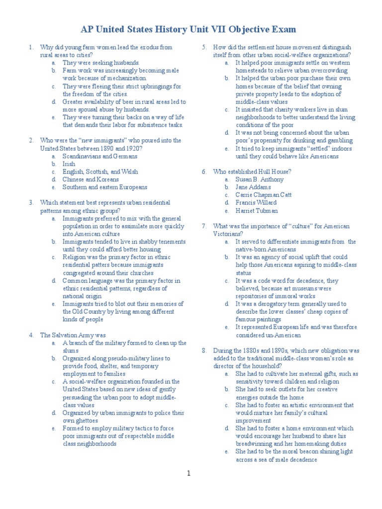 AP US History Unit 7 Exam | History Of The United States | Theodore ...