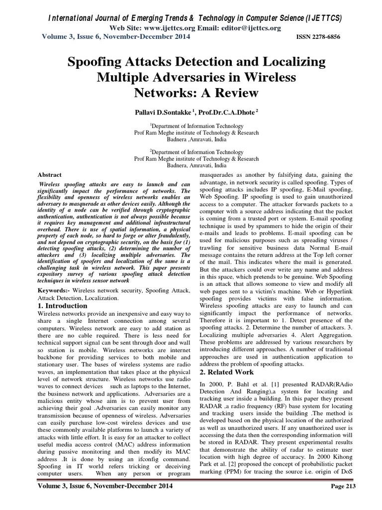 Spoofing Attacks Detection and Localizing Multiple Adversaries in Wireless Networks: A Review ...