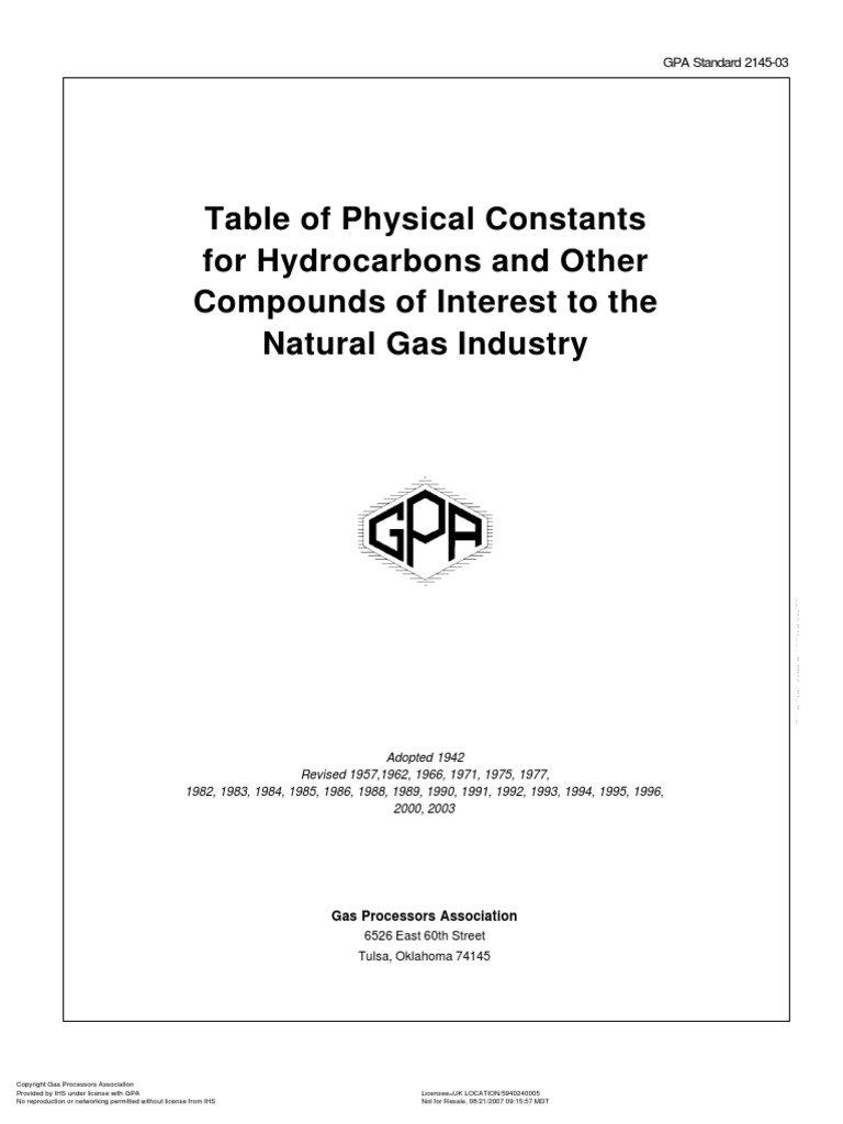 GPA 2145 - Table of Physical Constants For Hydrocarbons and Other ...