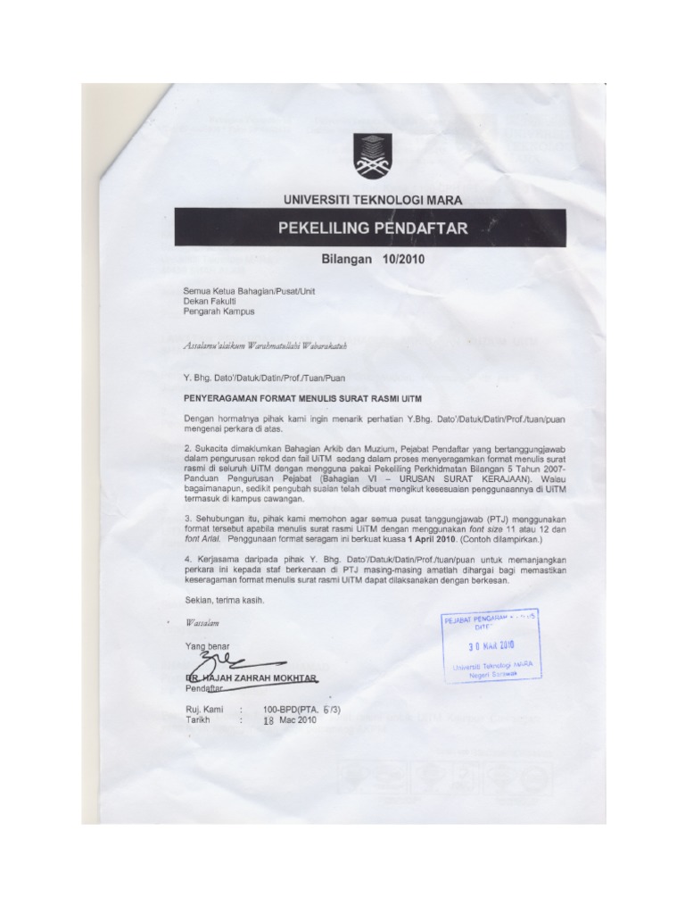 Penyeragaman Format Menulis Surat Rasmi UiTM | PDF