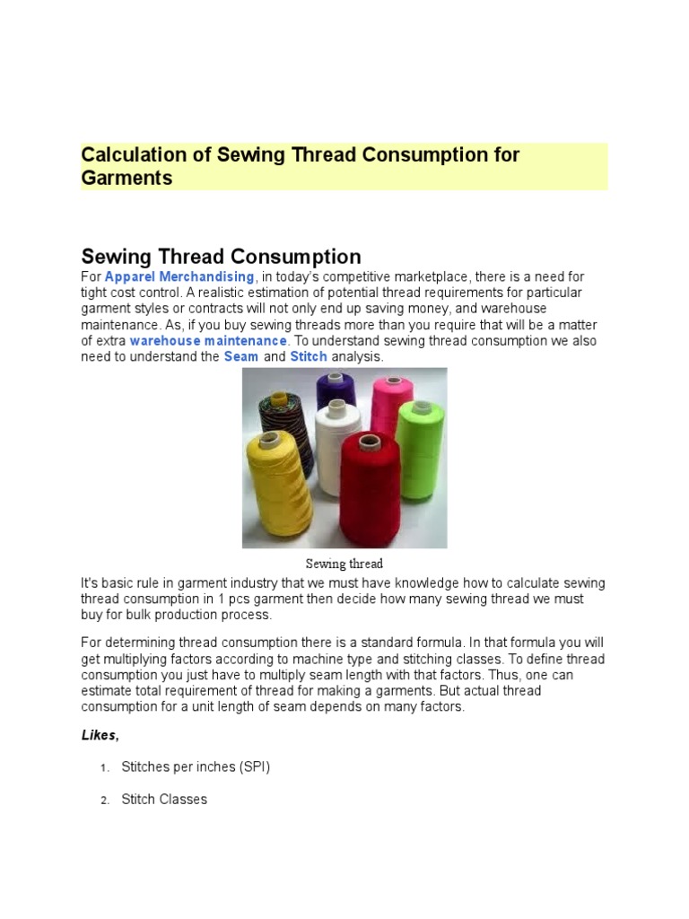 Calculation of Sewing Thread Consumption For Garments | PDF | Sewing | Yarn