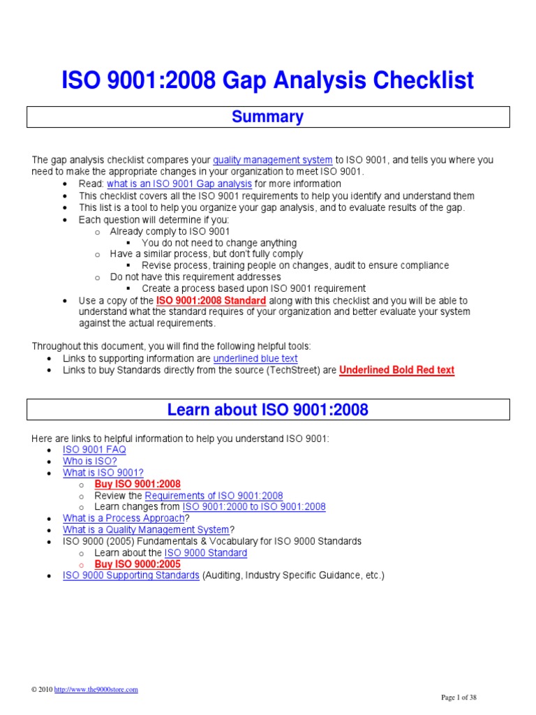 ISO 9001 Gap Analysis Checklist | PDF | Iso 9000 | Quality Management System