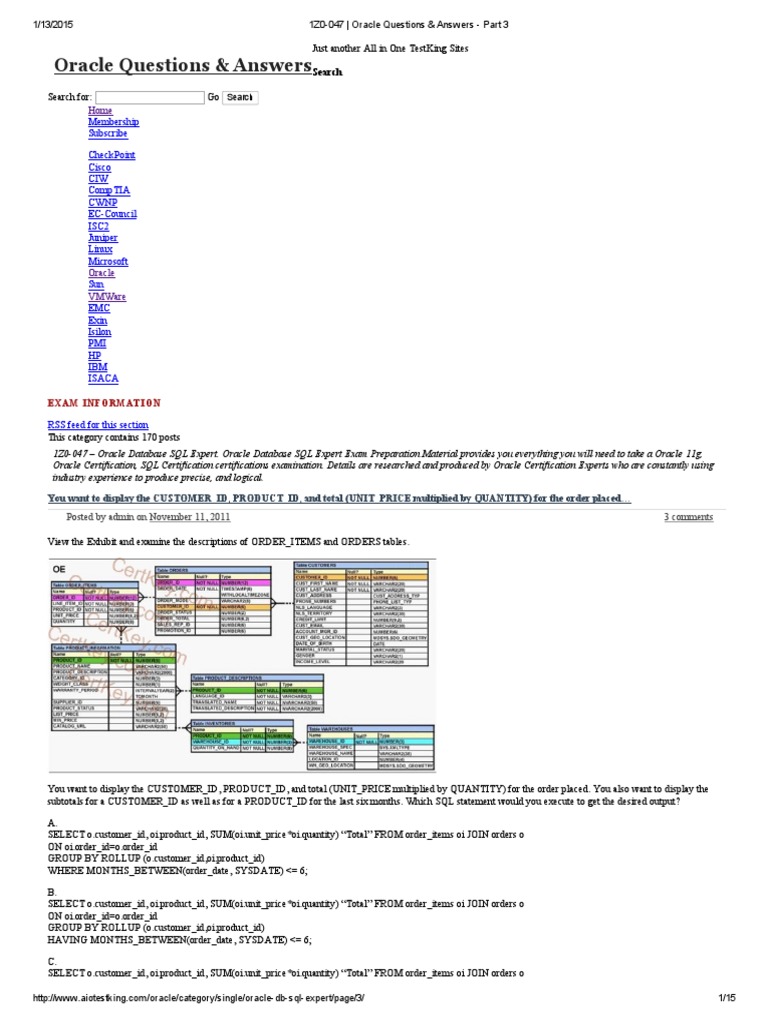 1z0 047 Oracle Questions And Answers Part 3 Pdf Sql Database Index