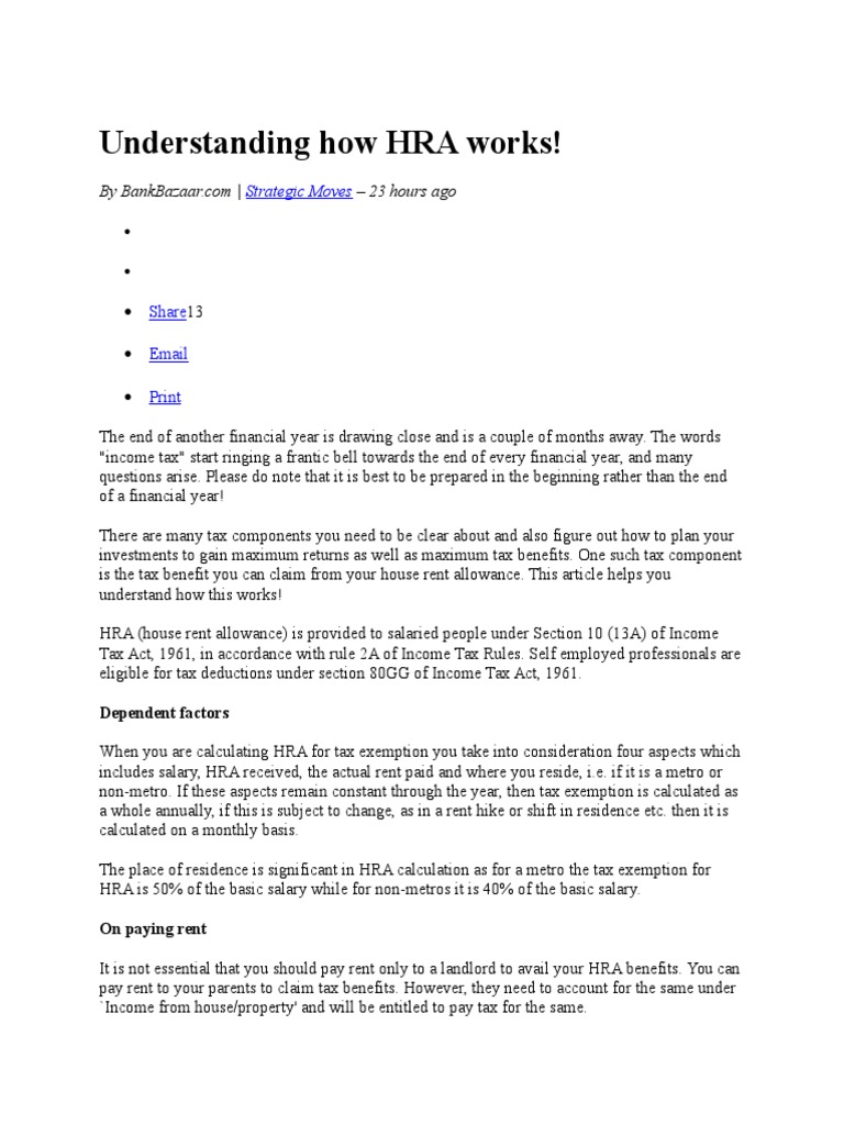 Understanding How HRA Works!: - 23 Hours Ago | PDF | Taxes | Renting
