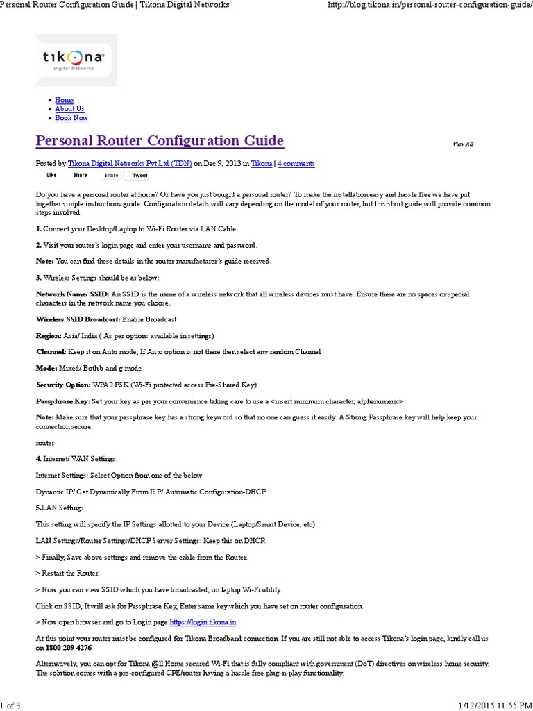 Tikona Personal Router Setup Guide | PDF | Wi Fi | Router (Computing)