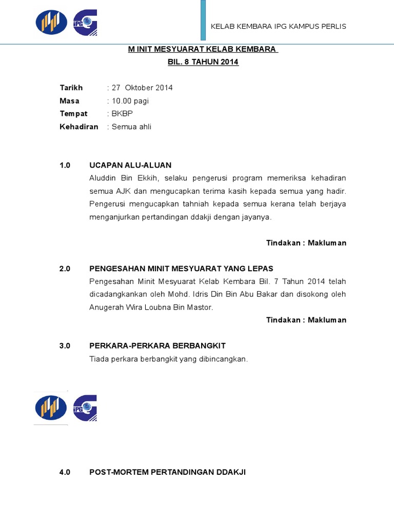 Minit Mesyuarat Post Mortem 1 | PDF