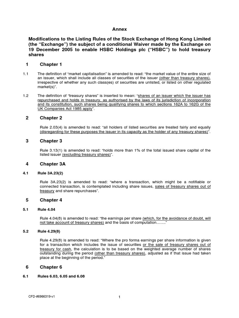 HKLR Modifications | PDF | Securities (Finance) | Treasury Stock