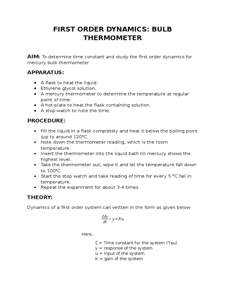 First Order Dynamics Bulb Thermometer | PDF | Thermometer | Liquids