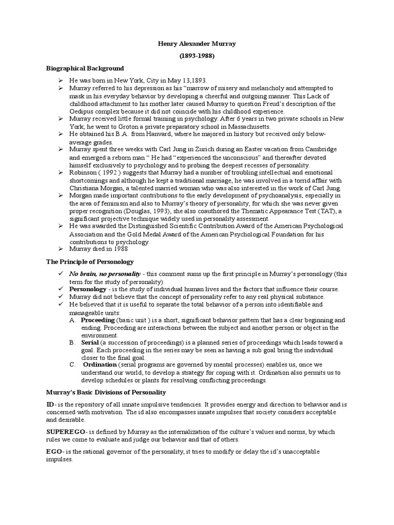 Psychology - Henry Alexander Murray | PDF | Id | Psychological Concepts