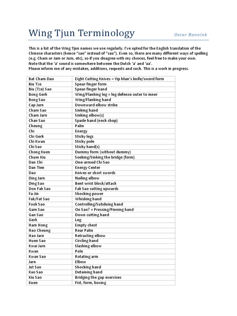 Wing Tjun Terminology | PDF | Wing Chun | Chinese Martial Arts