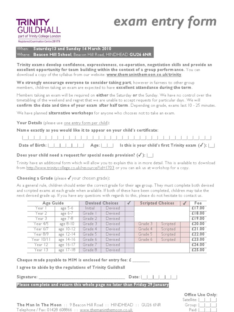 Trinity Entry Form 10 | PDF | Test (Assessment) | Behavior Modification