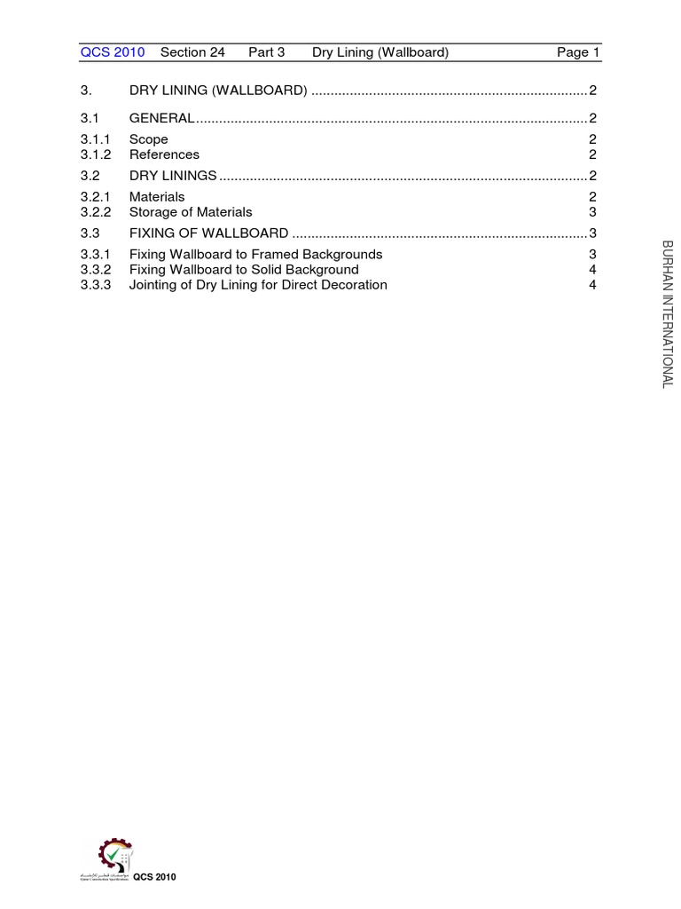 Dry Lining (Wallboard) Specifications | PDF | Drywall | Building Materials