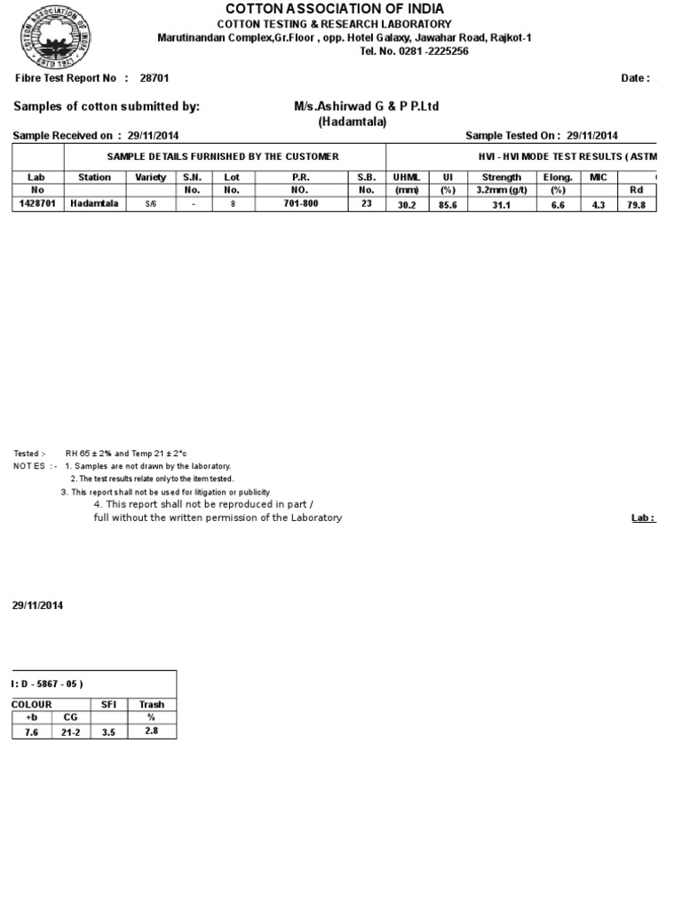 HVI Cotton Testing Report 28701 | PDF