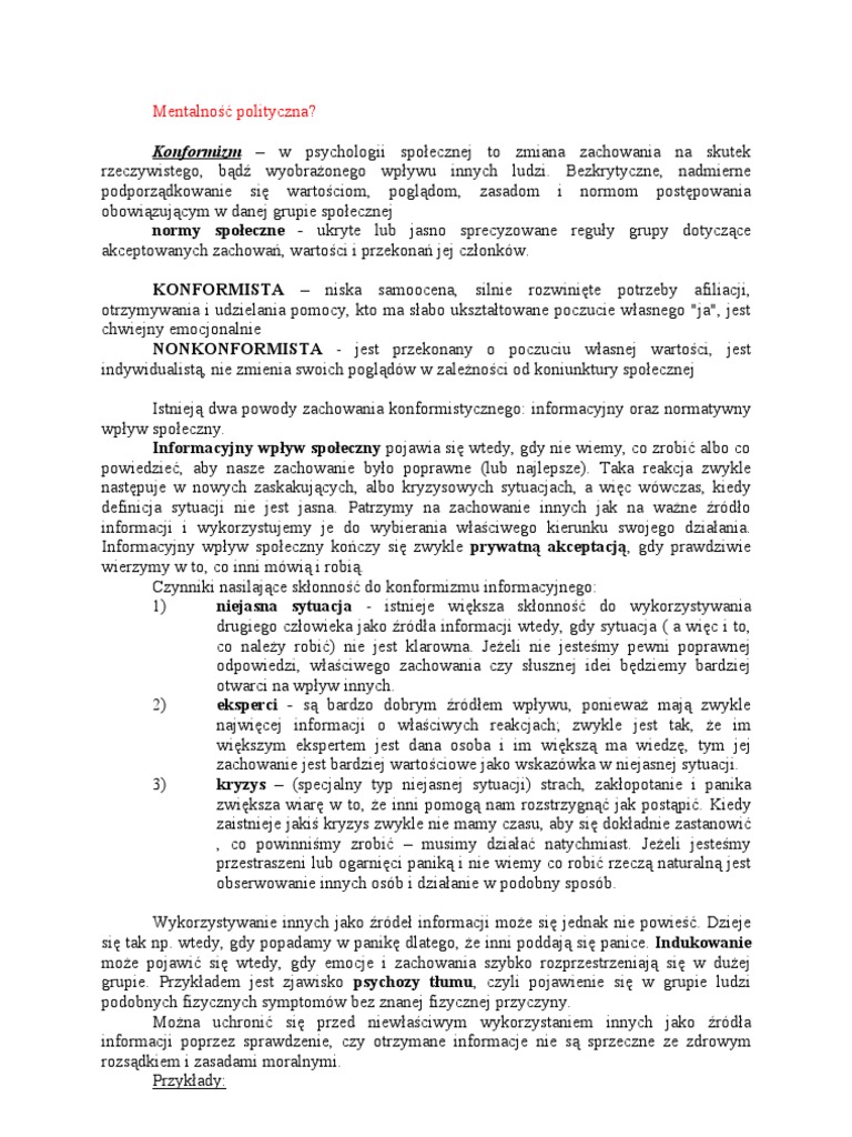 Mentalność Polityczna? Konformizm - W Psychologii Społecznej | PDF