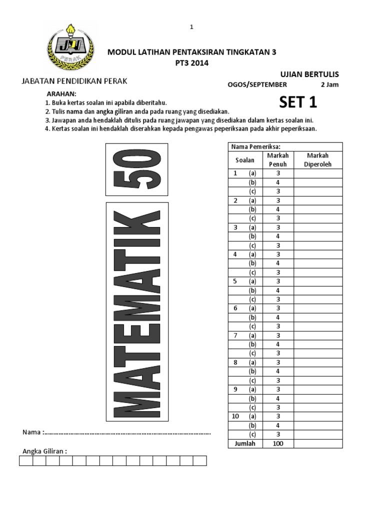2) SET 1 Latihan PT3 (Matematik) 2014 - Set 1 | PDF