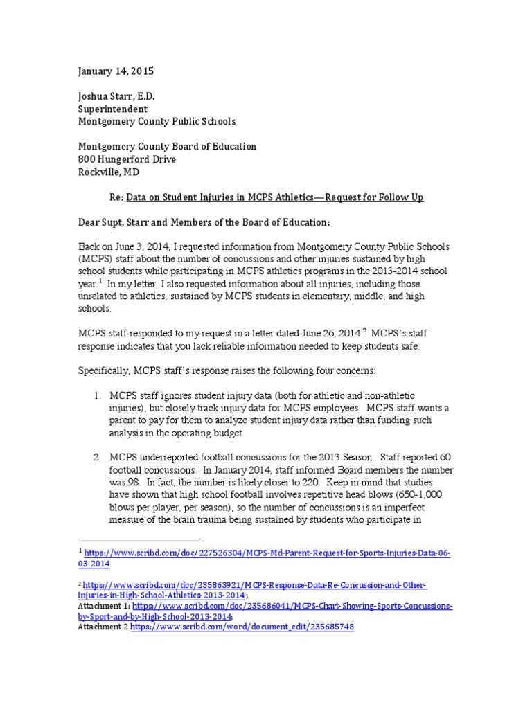 Parent Letter to MCPS Re Student Injury Data--01-14-2015 | Concussion ...