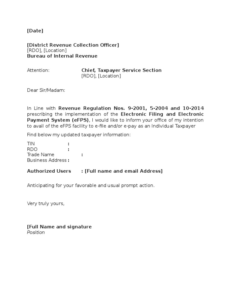 Template BIR EFPS Letter of Intentions Individual Tax Payer | PDF ...