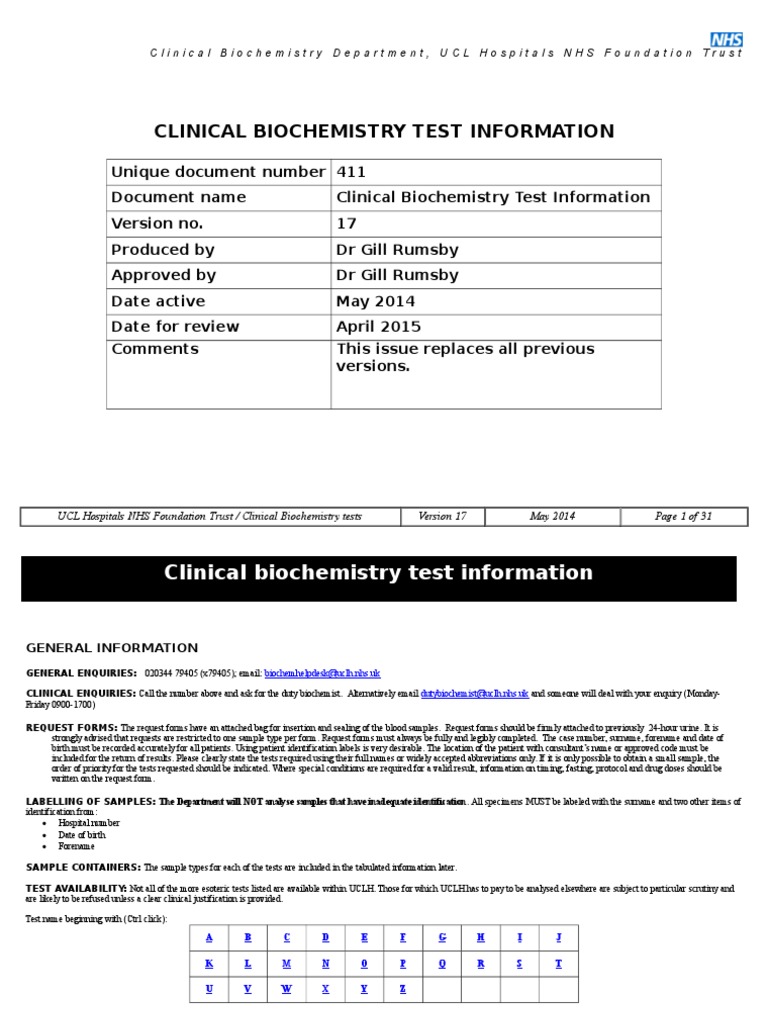 Clinical Biochemistry Test Information | PDF | Human Chorionic ...
