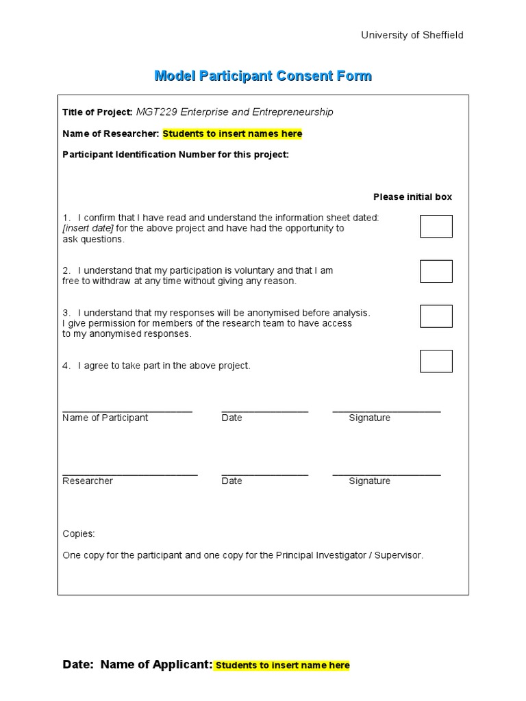 Model Participant Consent Form | PDF | Career & Growth