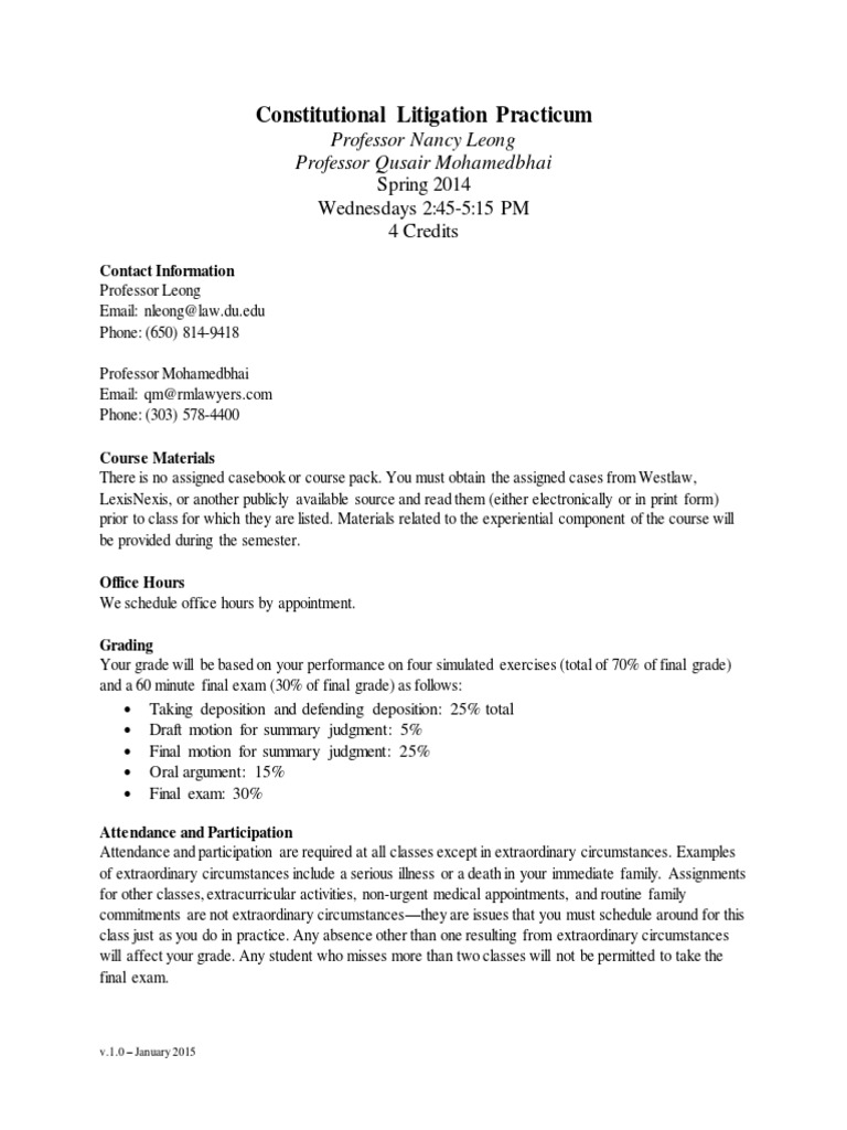 Constitutional Litigation Practicum Syllabus Spring 2015 v.0 | PDF ...