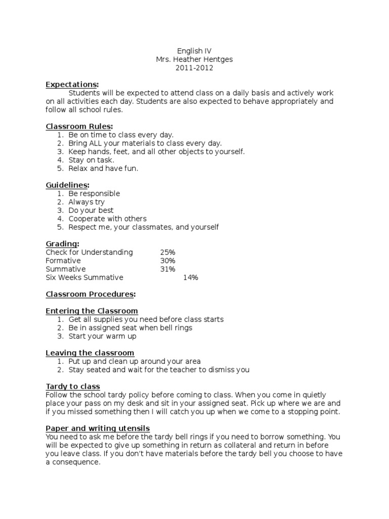 English IV Classroom Expectations & Rules | PDF | Wellness