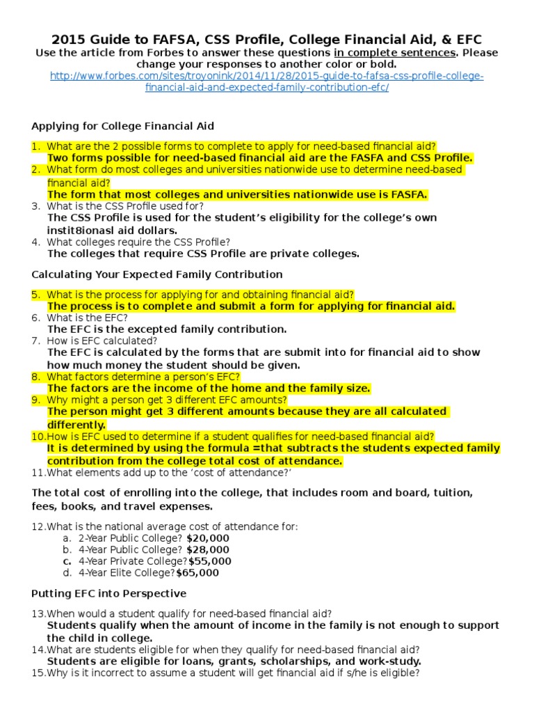 Guide To Fafsa Questions | PDF | Student Financial Aid In The United ...