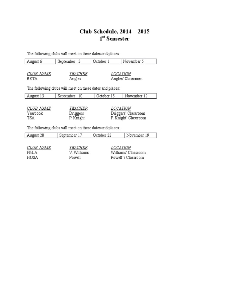 2014-2015 Club Meeting Schedule | PDF