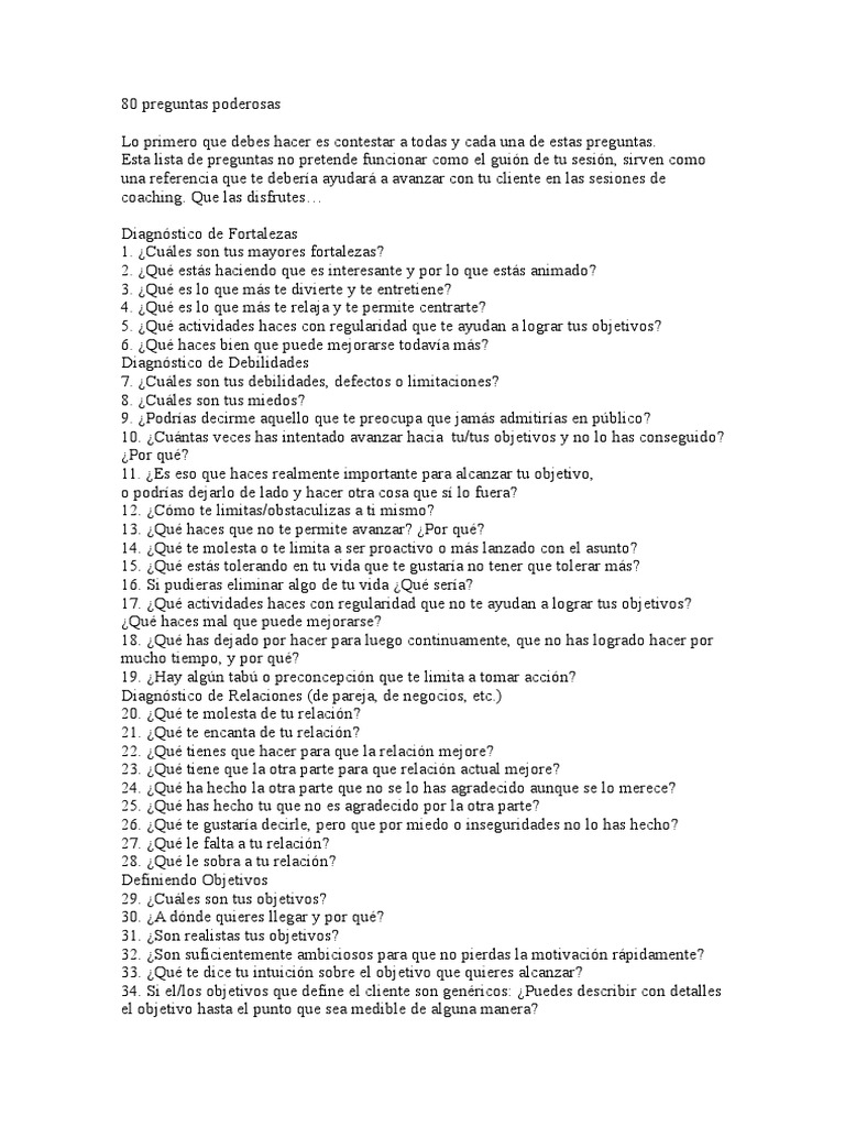 80 Preguntas Poderosas para Coaching | PDF | Crecimiento personal y ...