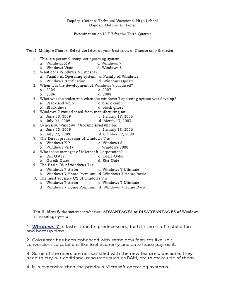 Icf Exam G7 Q3 2015 | PDF | Windows 7 | Windows Vista