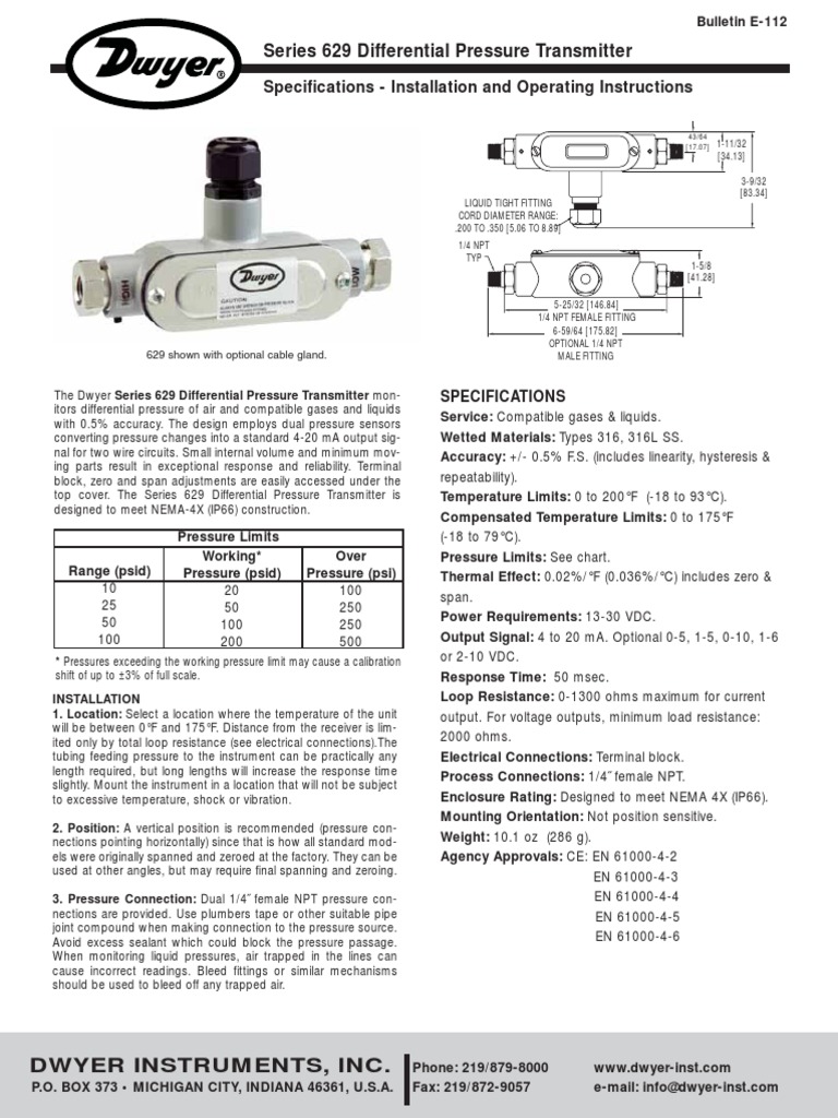 DP Sensor Tech Sheet (Dwyer Series 629) | PDF | Pressure Measurement ...