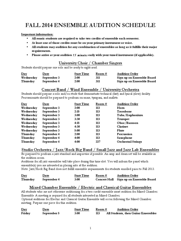Ensemble Audition Schedule Fall 2014 | PDF | Audition | Orchestras