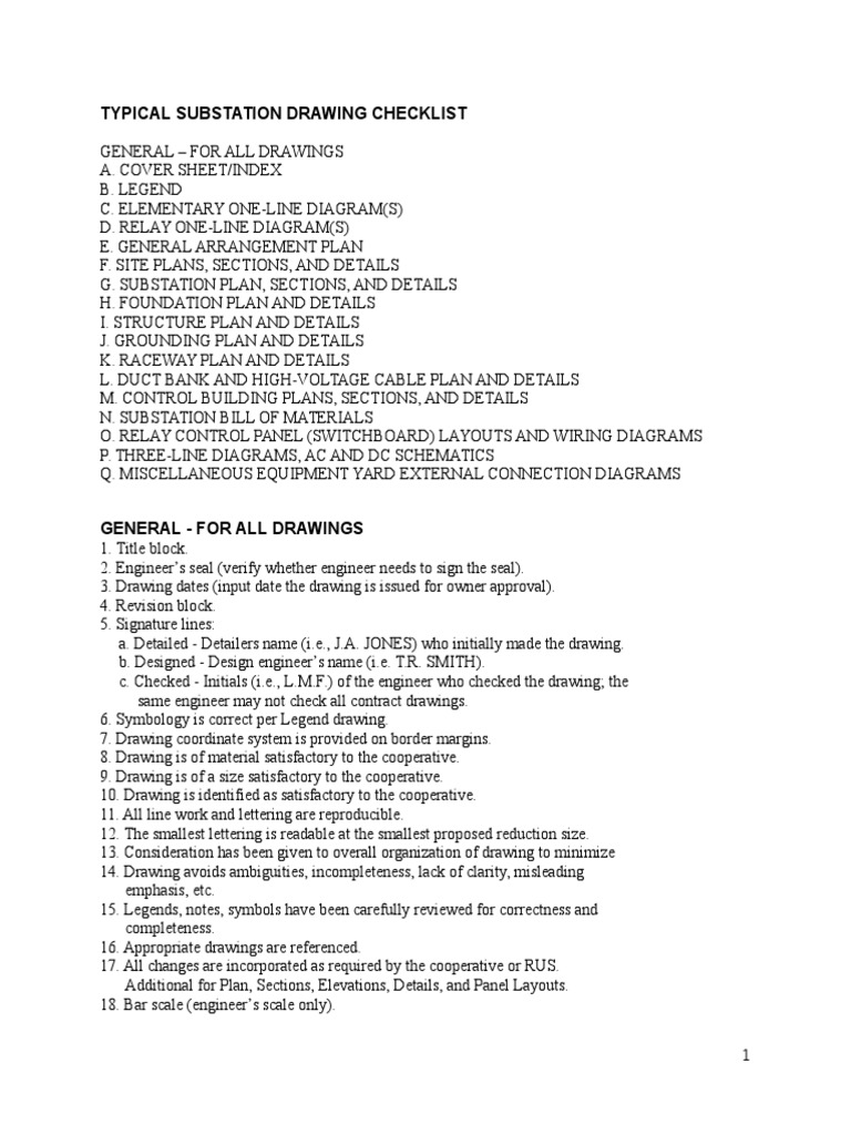 Typical Substation Drawing Checklist | PDF | Relay | Transformer