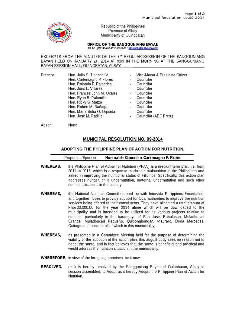 09-2014 Adopting The Philippine Plan of Action For Nutrition. | PDF ...