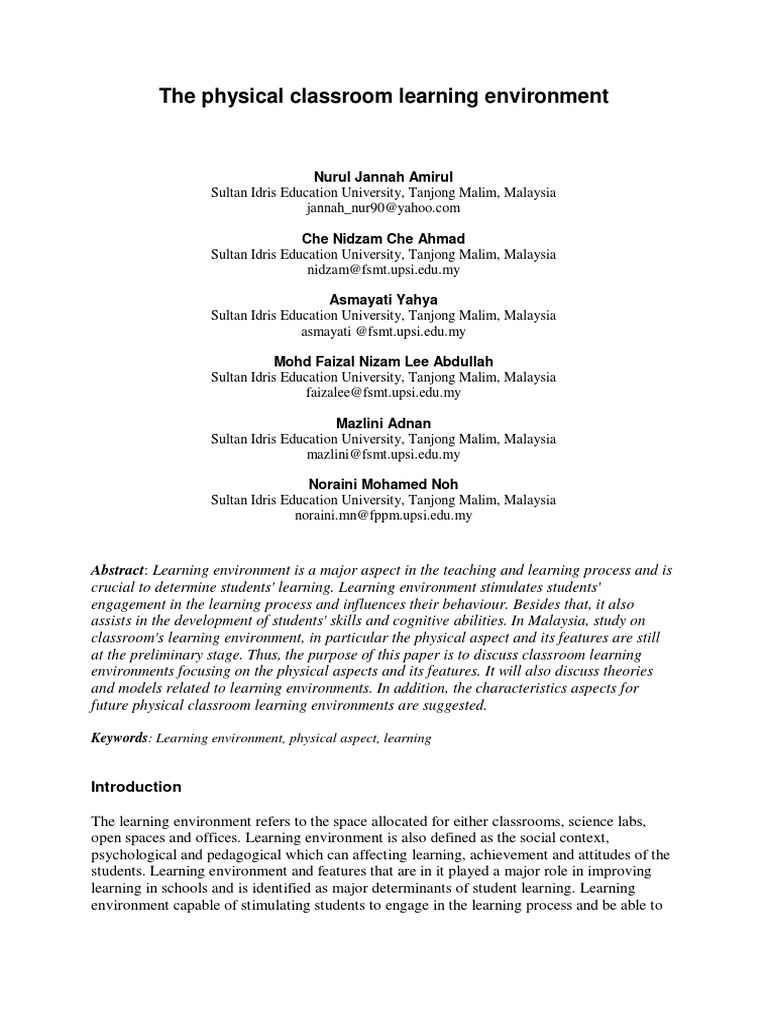 The Physical Classroom Learning Environment | PDF | Classroom | Learning