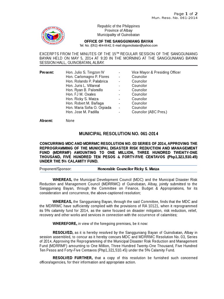 061-2014 MDC, MDRRMC, Reprogramming | PDF